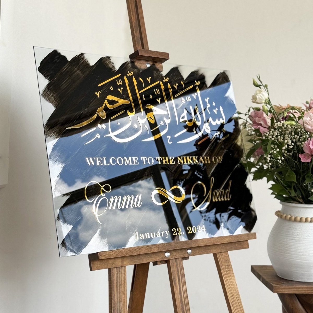 Islamic Wedding Sign – Black Glass Muslim Wedding Mirror – Islamic Wall ...