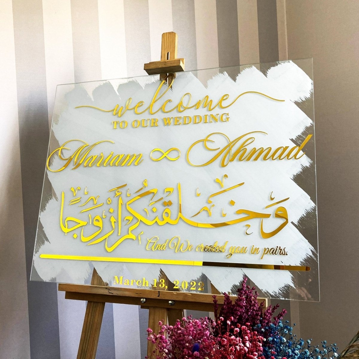 Nikkah Welcome Sign – White Glass Arabic Wedding Decor